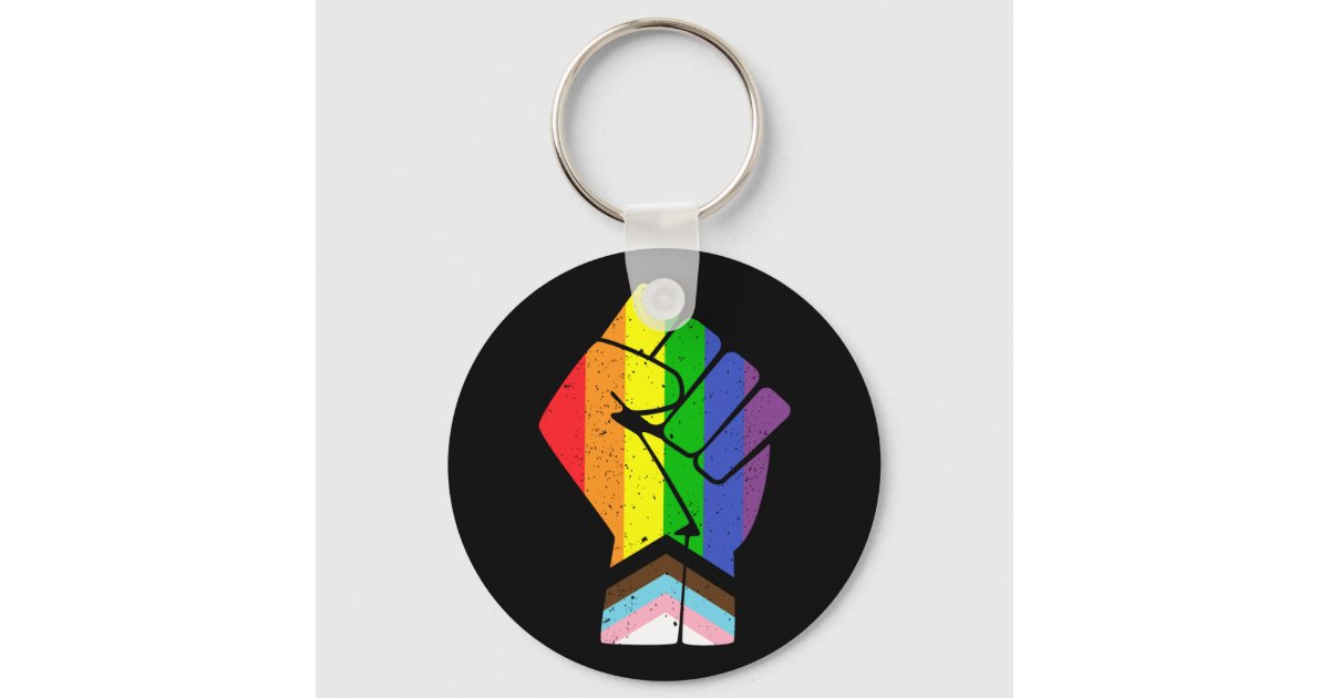 LGBT Pride (Progress) Flag with raised fist Keychain | Zazzle