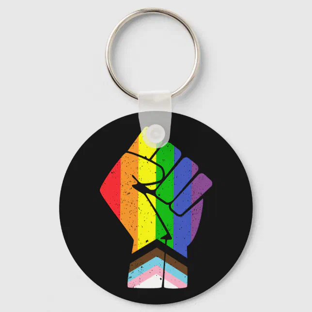 LGBT Pride (Progress) Flag with raised fist Keychain | Zazzle