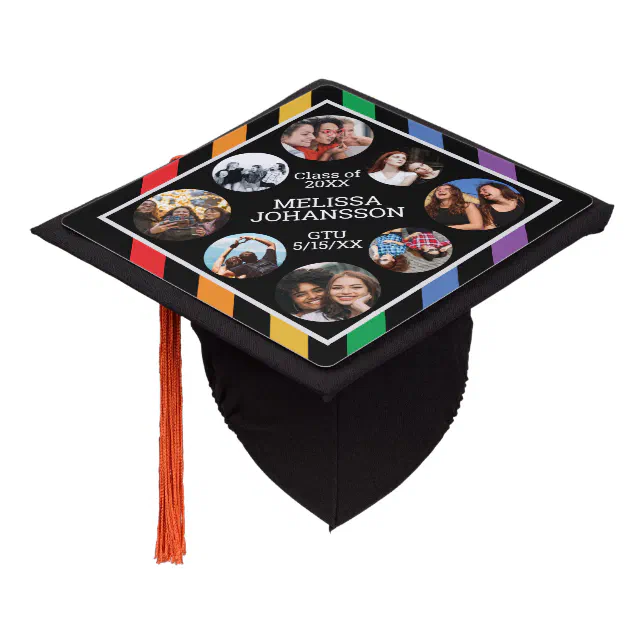 LGBT Rainbow Stripes Photo Collage Black Custom Graduation Cap Topper ...
