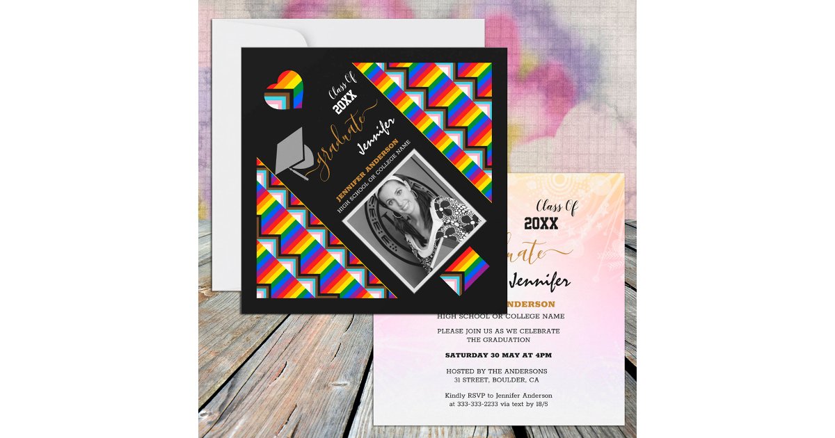 LGBTQ Graduate & Rainbow Progress Flag Graduation Invitation | Zazzle