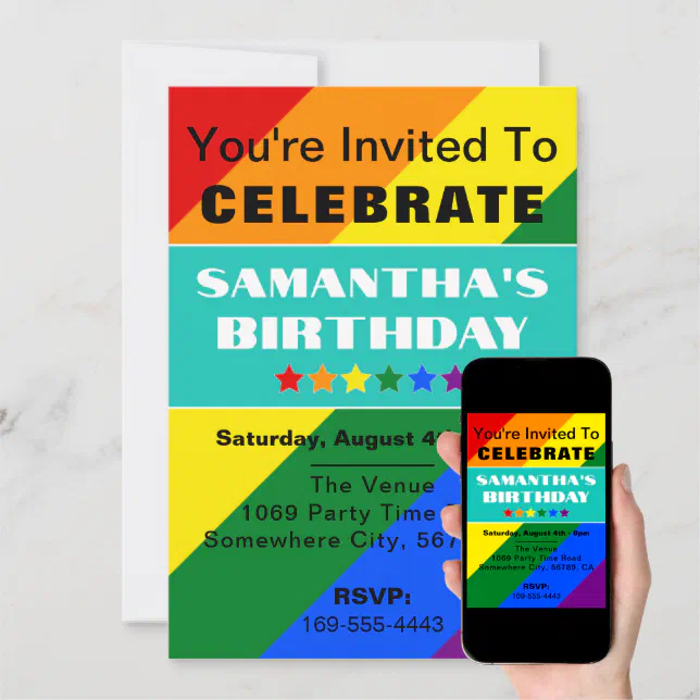 LGBTQ Pride Rainbow Colors Birthday Invitation | Zazzle