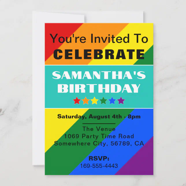 LGBTQ Pride Rainbow Colors Birthday Invitation | Zazzle