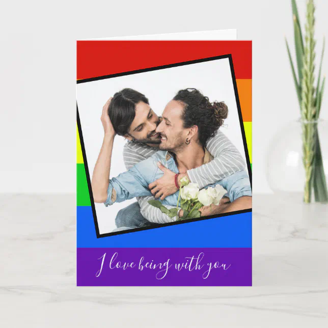 LGBTQ Valentines Day Couple Photo Custom Rainbow Card | Zazzle