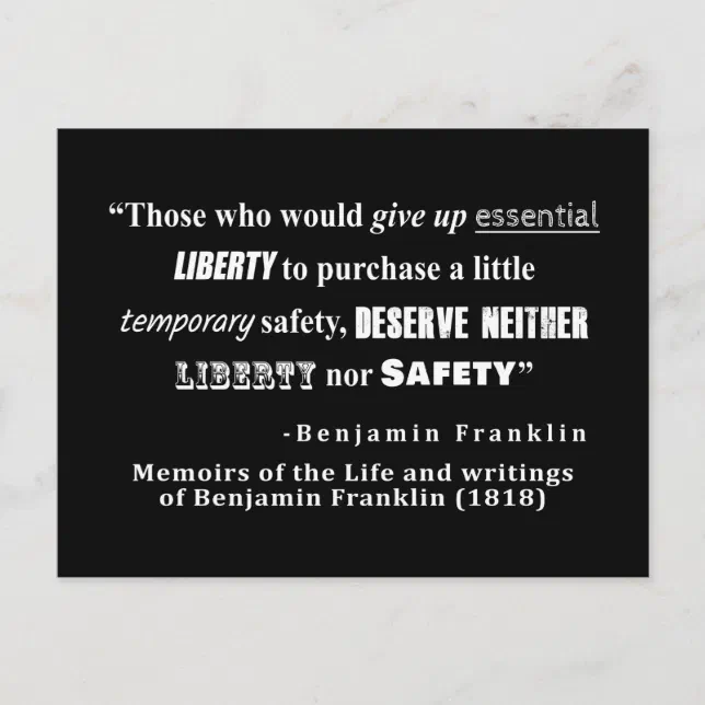 Liberty and Security Benjamin Franklin Quote White Postcard | Zazzle