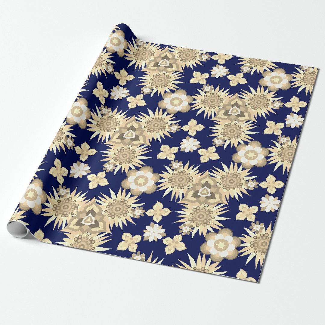 Liberty pattern cream flowers with blue background wrapping paper | Zazzle