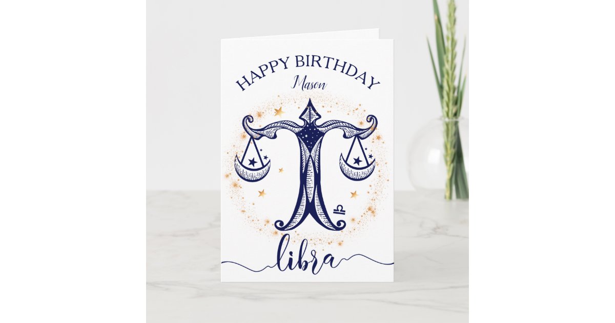 Libra Zodiac Navy & Gold Monochrome Birthday Card | Zazzle