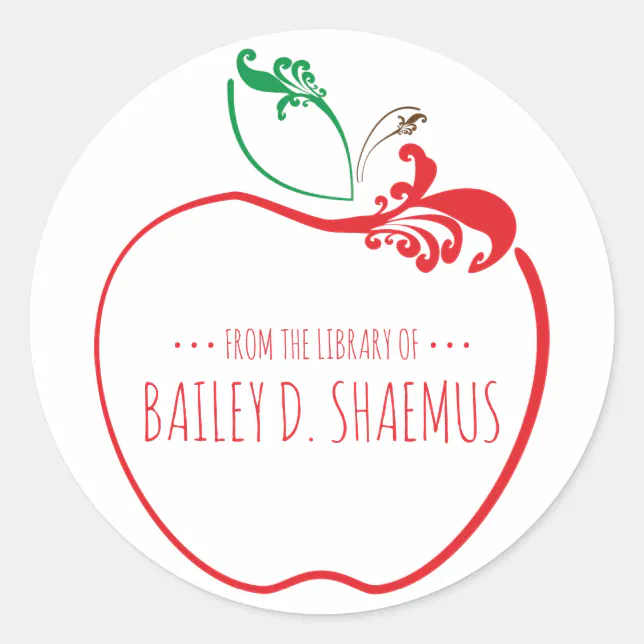 library book flourish apple stamp classic round sticker | Zazzle