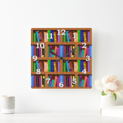 Library Book Shelf Pattern for Readers Square Wall Clock | Zazzle
