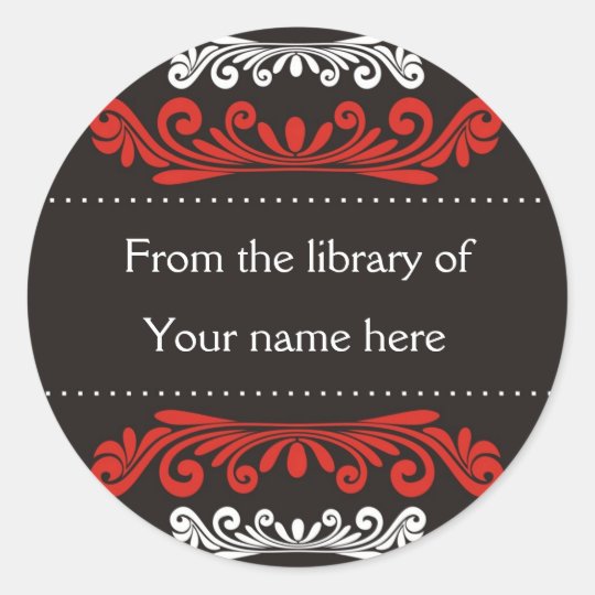 Library Bookplates- Decorative Pattern Black Classic Round Sticker ...