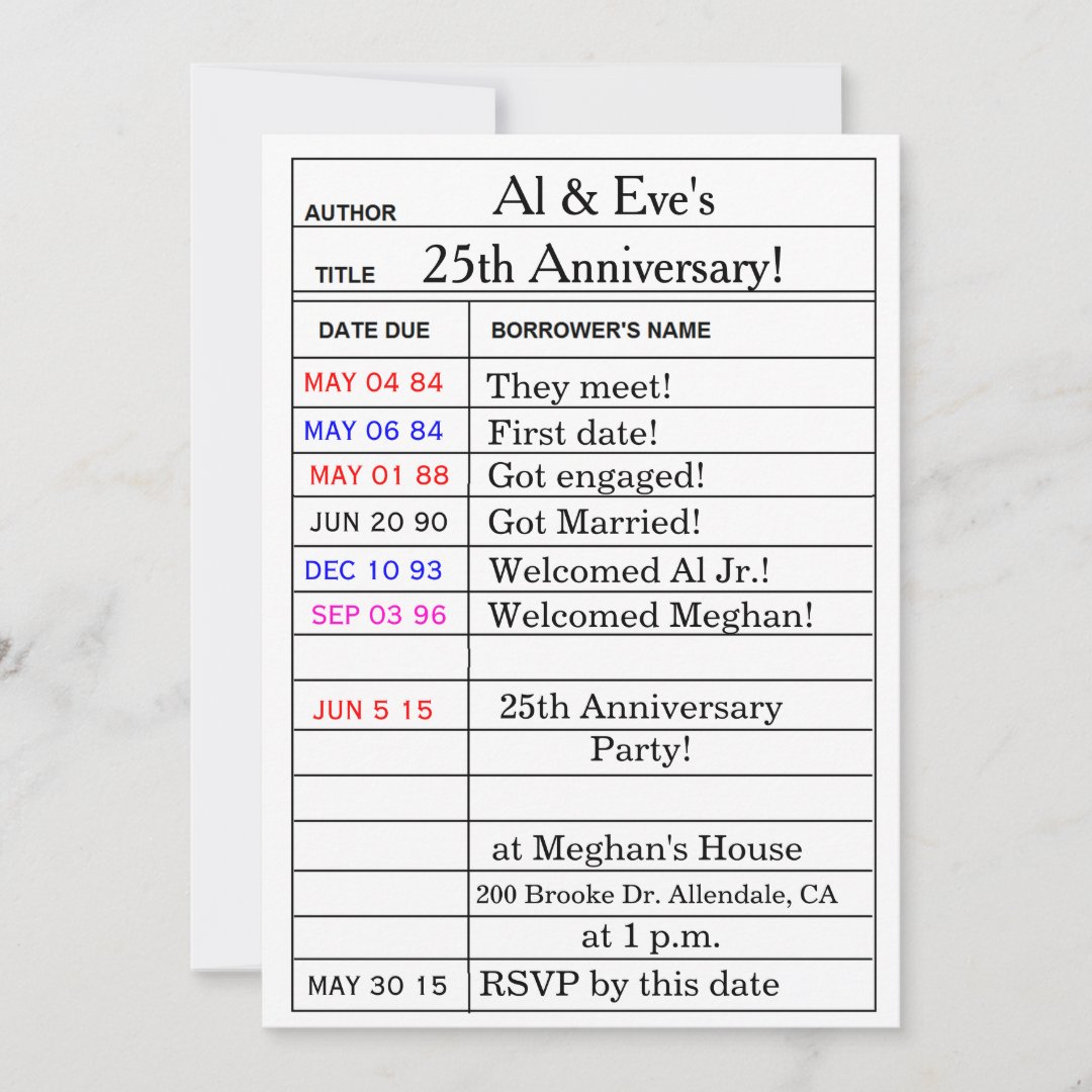 "Library Card" Anniversary Party Invitations | Zazzle
