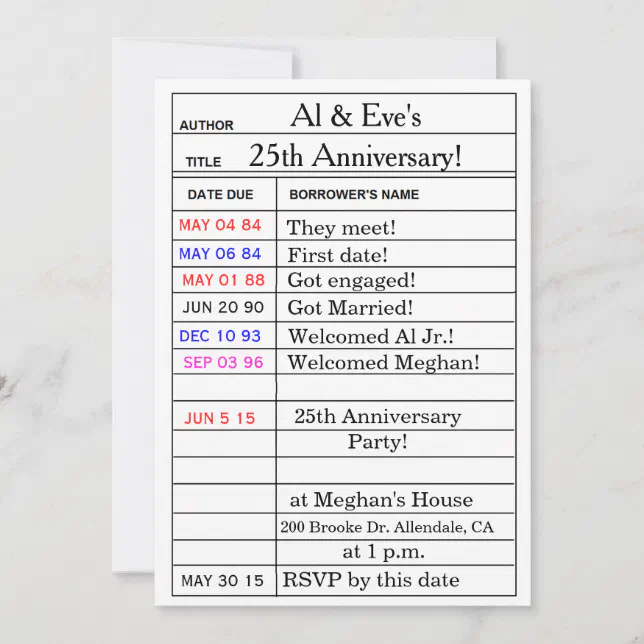 "Library Card" Anniversary Party Invitations | Zazzle