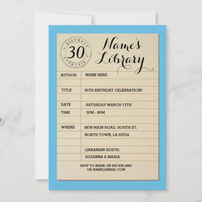 Library Card Book Birthday Party Blue Invite | Zazzle