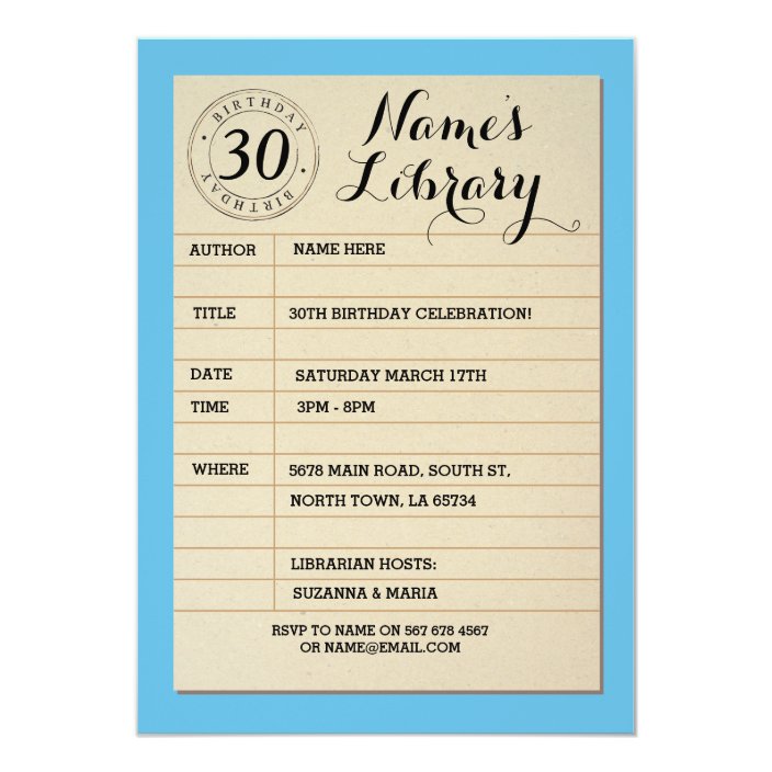 Library Card Book Birthday Party Blue Invite | Zazzle.com