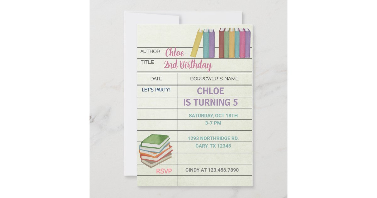 Library card, books girl birthday invitation. invitation | Zazzle