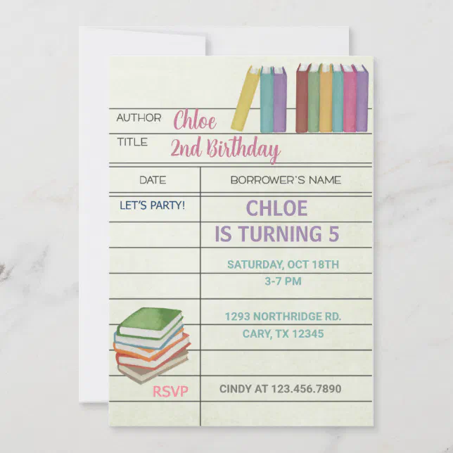 Library card, books girl birthday invitation. invitation | Zazzle