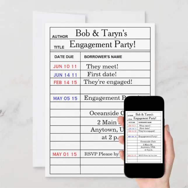 "Library Card" Engagement Party Invitations | Zazzle