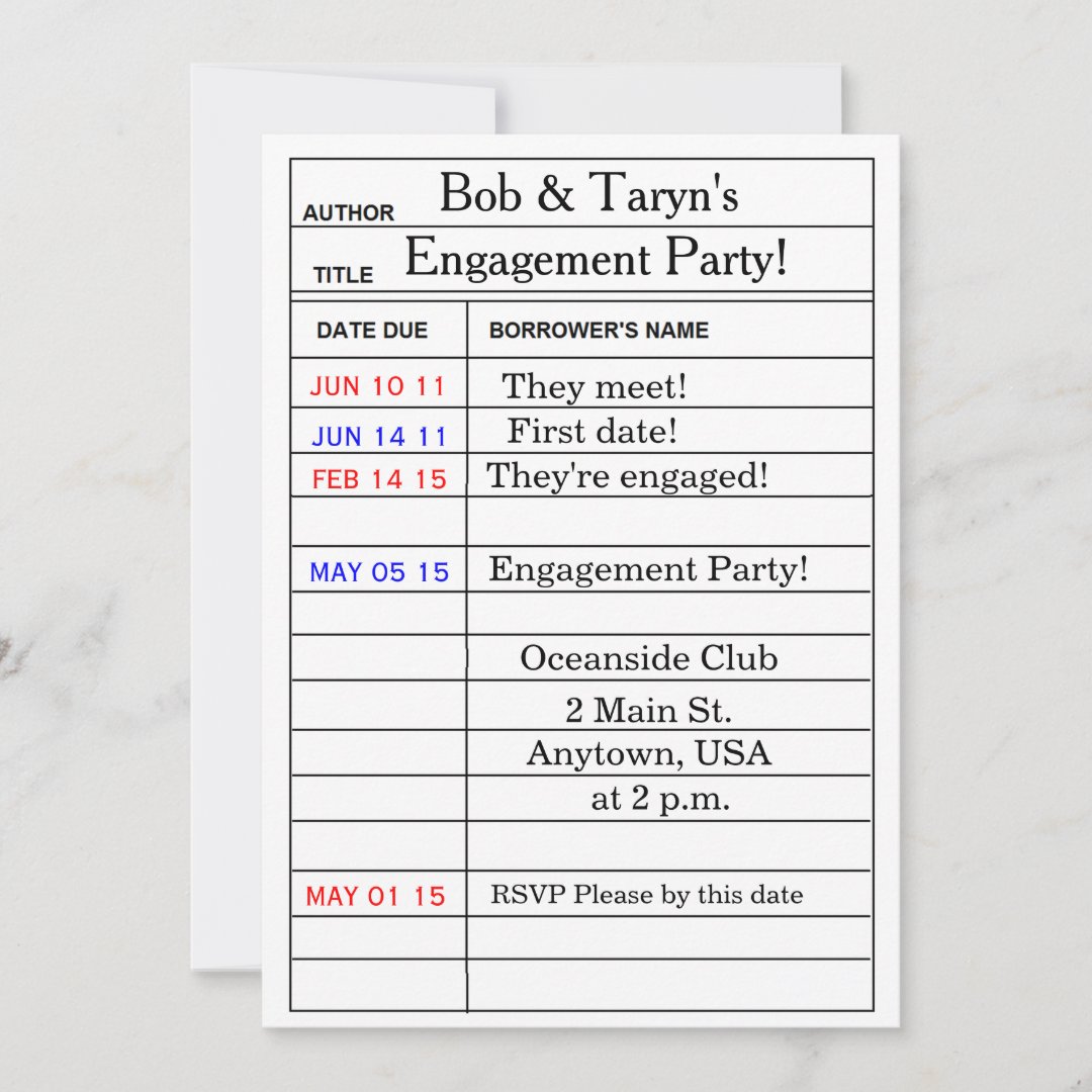 "Library Card" Engagement Party Invitations | Zazzle