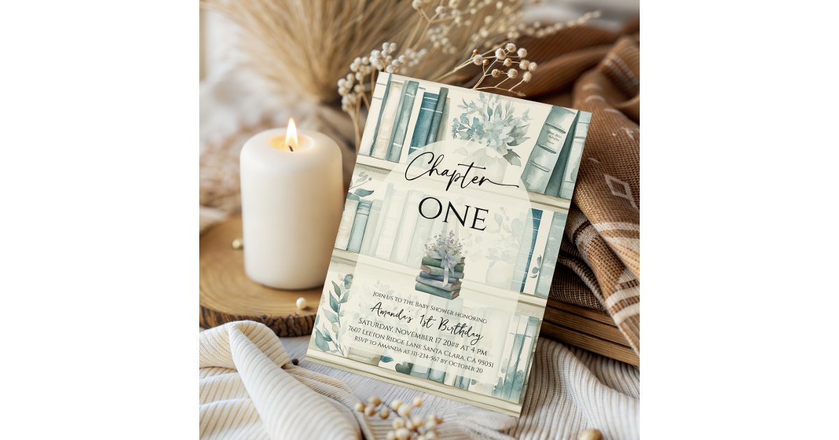Library Chapter ONE Blue Boy Book 1st Birthday Invitation | Zazzle