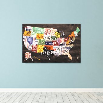 License Plate Map of The USA - Warm Colors / Black Canvas Print | Zazzle