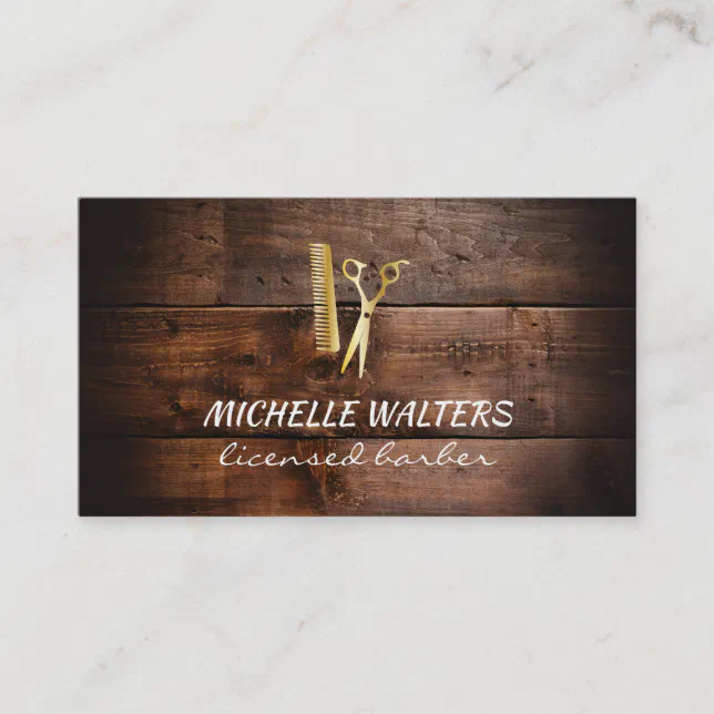 Licensed Barber Leather Gold Comb and Scissors Business Card | Zazzle