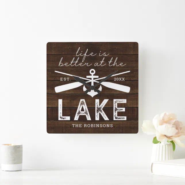 Life is Better at the Lake Family Name Square Wall Clock | Zazzle