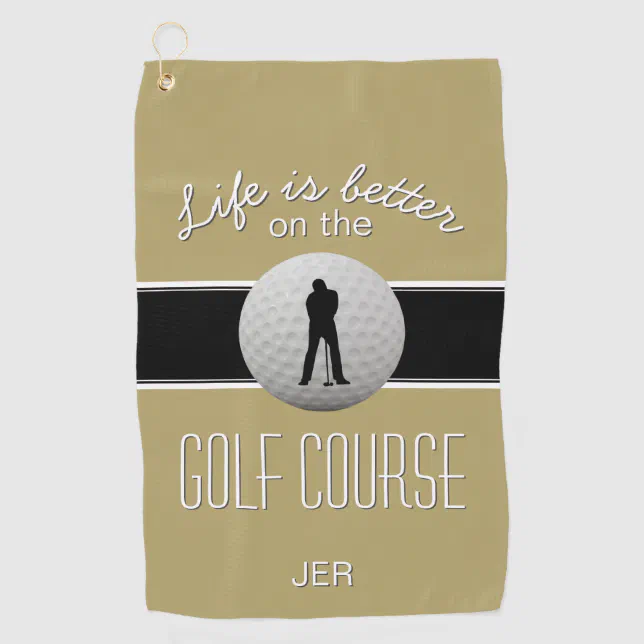 Life is Better Quote Golf Ball Monogram Gold Black Golf Towel | Zazzle