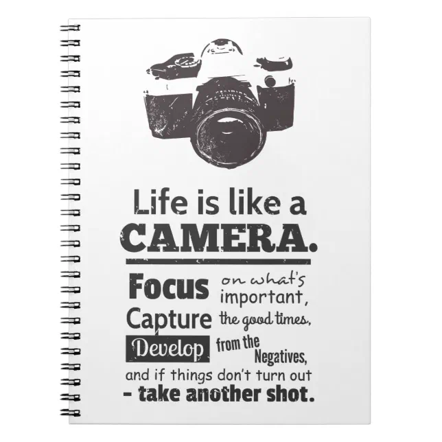 Life is like a camera quote, Black Grunge Notebook | Zazzle