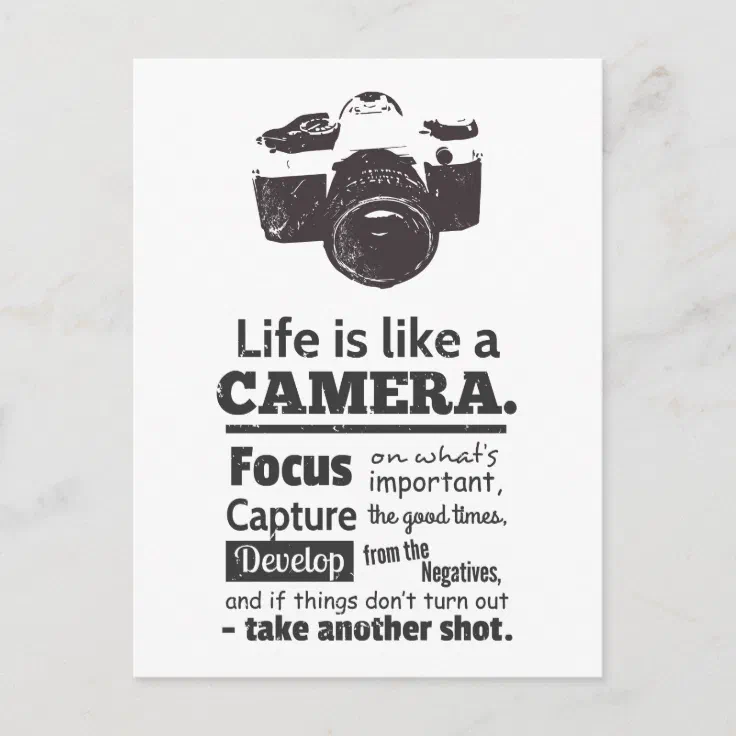 Life is like a camera quote, Black Grunge Postcard | Zazzle