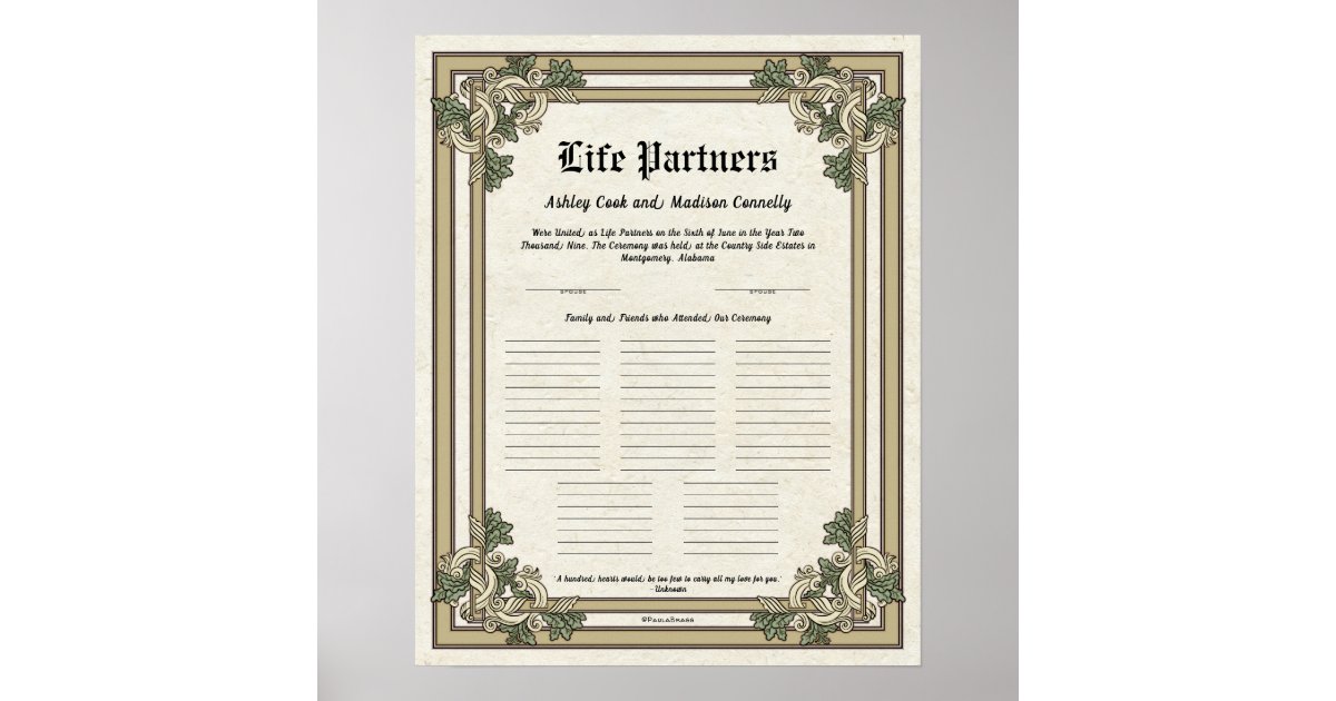"Life Partners" Guest Register Wedding Certificate Poster | Zazzle