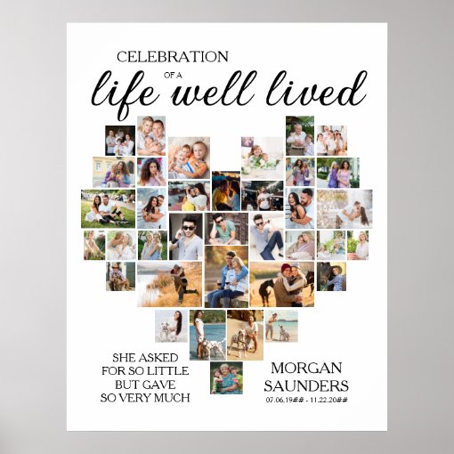 Life Well Lived Heart Shaped Photo Collage Funeral Poster | Zazzle