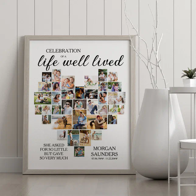 Life Well Lived Heart Shaped Photo Collage Funeral Poster | Zazzle
