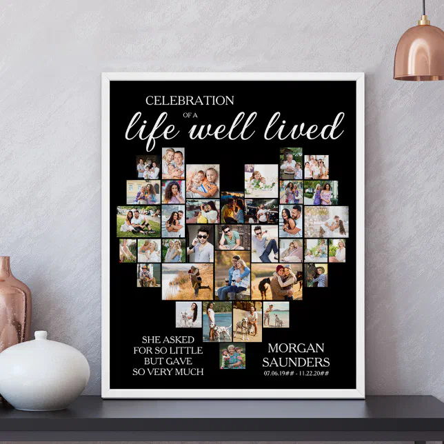 Life Well Lived Heart Shaped Photo Collage Funeral Poster | Zazzle