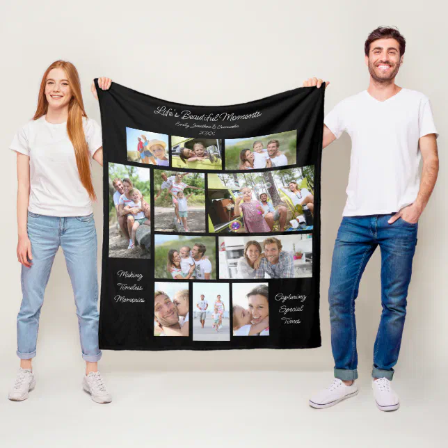 Lifes Beautiful Moments 11 Photos Collage Black Fleece Blanket | Zazzle