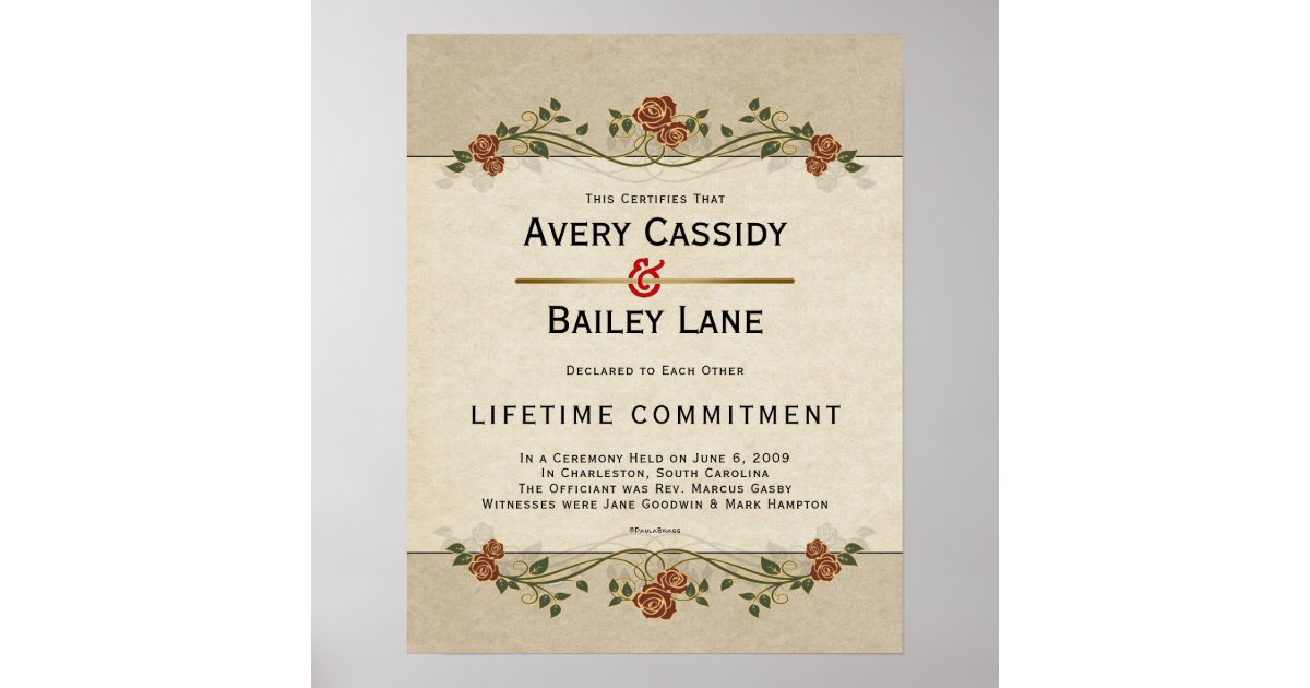 Lifetime Commitment Wedding Certificate Poster | Zazzle