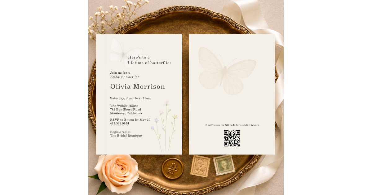Lifetime of Butterflies QR Code Bridal Shower Invitation | Zazzle