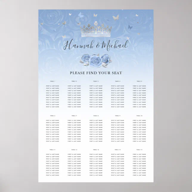 Light Baby Blue Silver Crown Floral Seating Charts | Zazzle