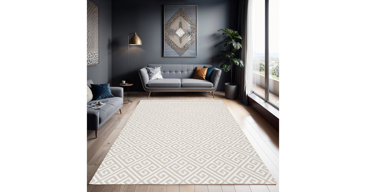 Light Beige and White Greek Key Pattern Rug | Zazzle