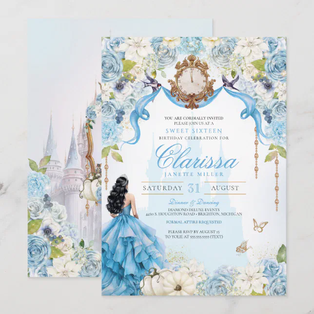 Light Blue and Gold Cinderella Princess Sweet 16 Invitation | Zazzle
