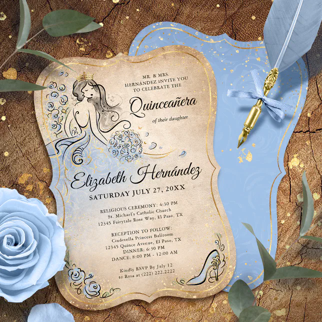 Light Blue and Gold Princess Quinceanera Birthday Invitation | Zazzle