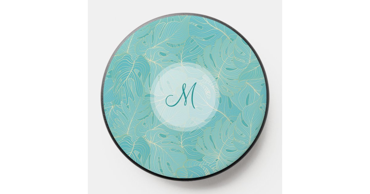 Light blue and gold tropical palm leaves collage PopSocket | Zazzle