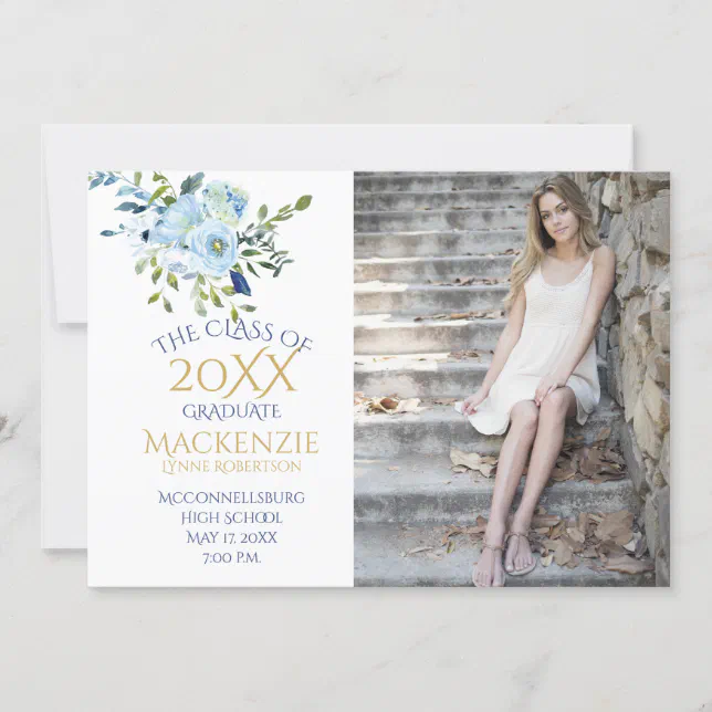 Light Blue and Navy Floral Photo Graduation Announcement | Zazzle