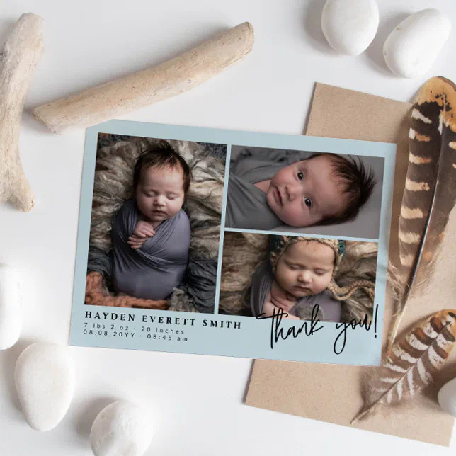 Light Blue Baby Photo Collage New Baby Thank You Announcement | Zazzle