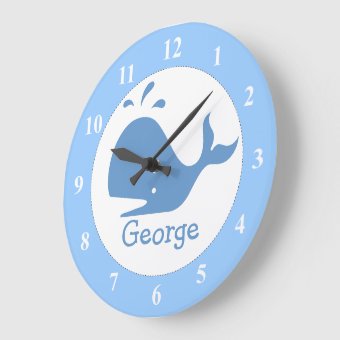 Light blue big whale clock with custom baby name | Zazzle