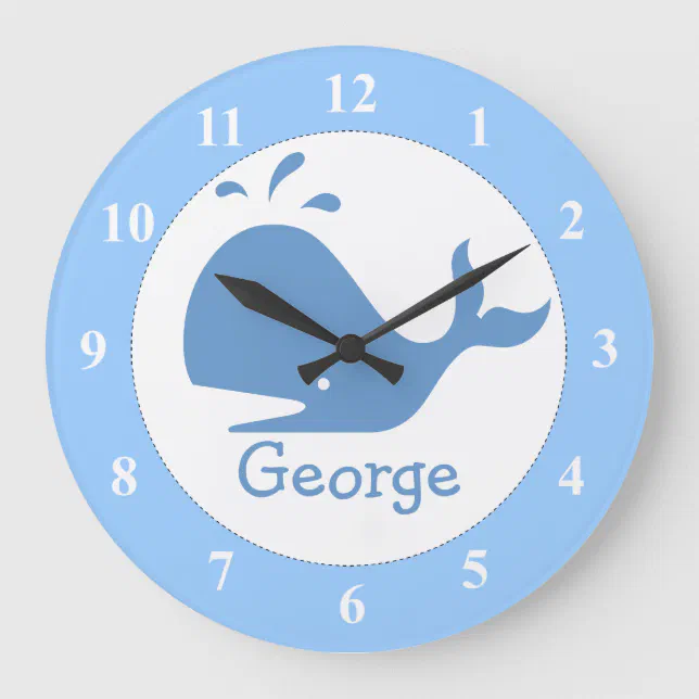 Light blue big whale clock with custom baby name | Zazzle