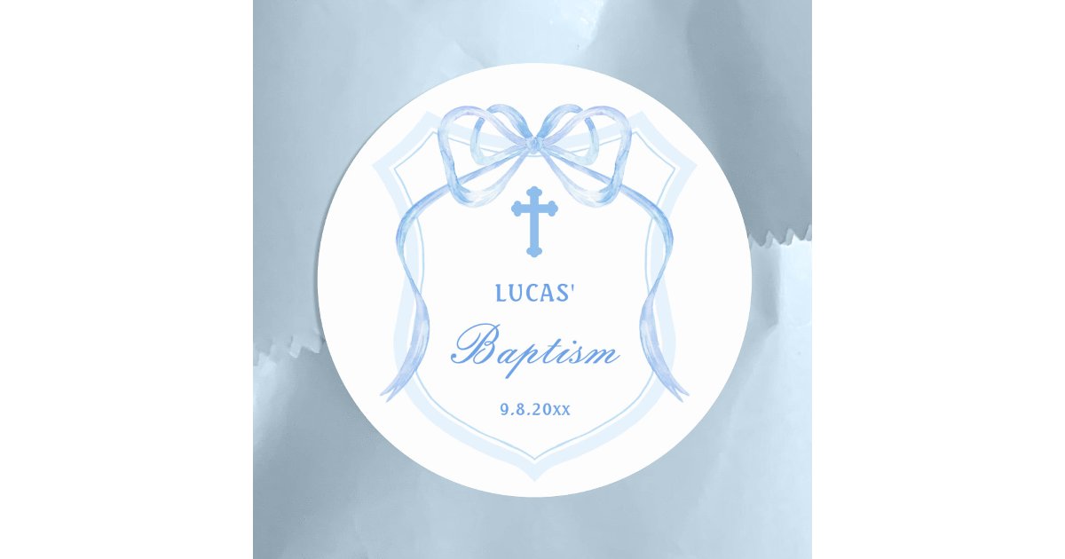Light Blue Bow Crest Baptism Classic Round Sticker | Zazzle