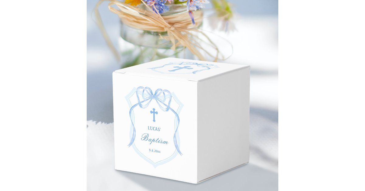 Light Blue Bow Crest Baptism Cube Favor Boxes | Zazzle