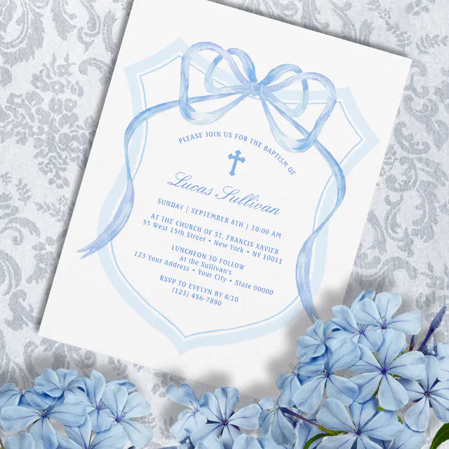 Light Blue Bow Crest Baptism Invitation | Zazzle