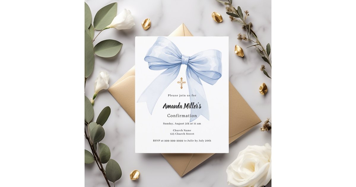 Light blue bow girl Confirmation invitation | Zazzle