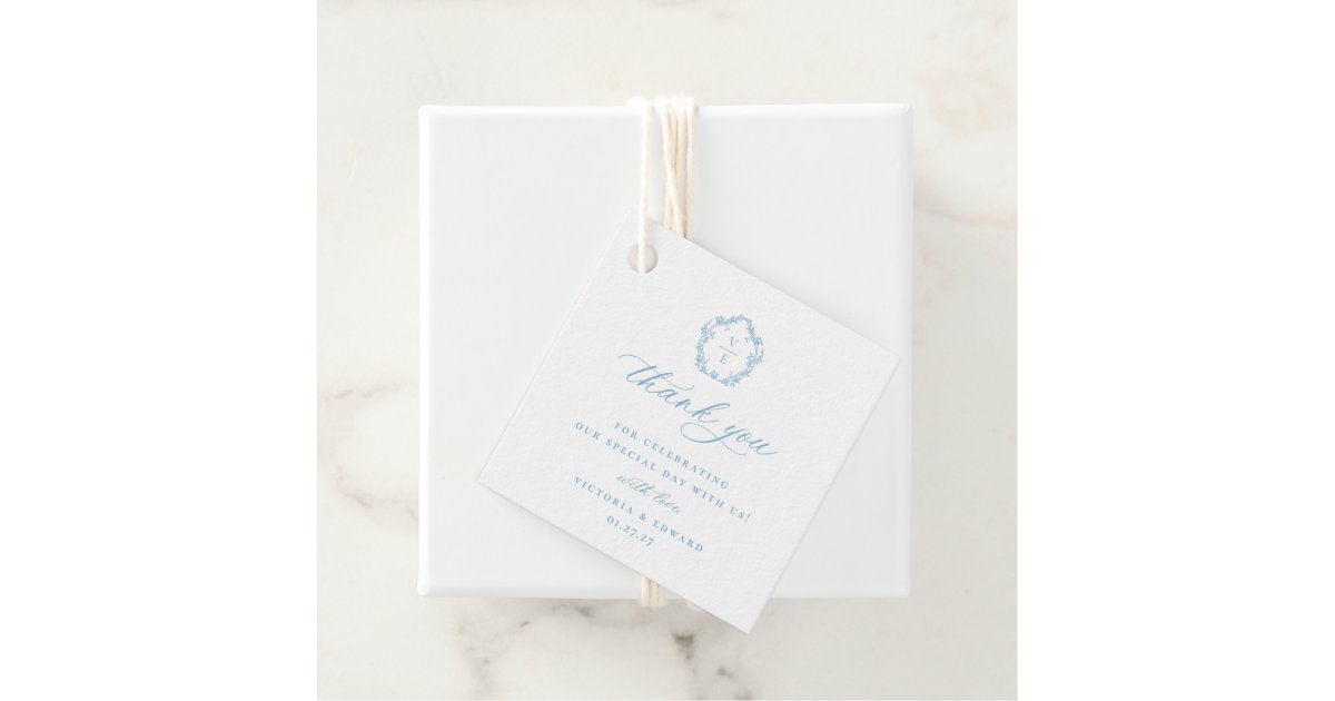 Light Blue Crest Monogram Wedding Thank You Favor Tags | Zazzle