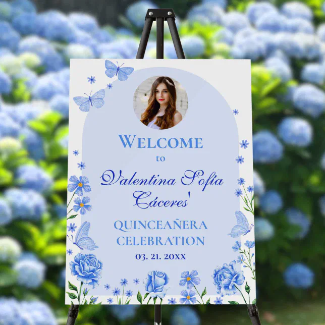 Light Blue Floral Quinceañera Photo Welcome Sign | Zazzle